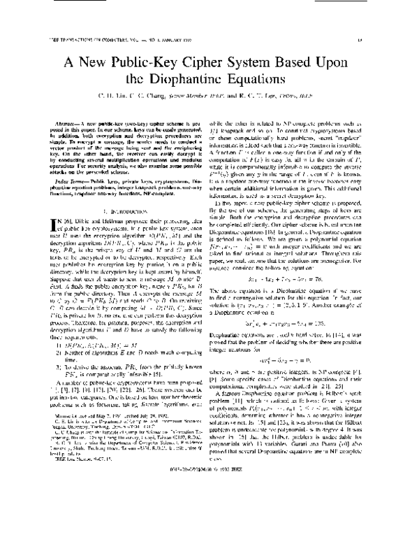 Pdf A New Public Key Cipher System Based Upon The Diophantine Equations