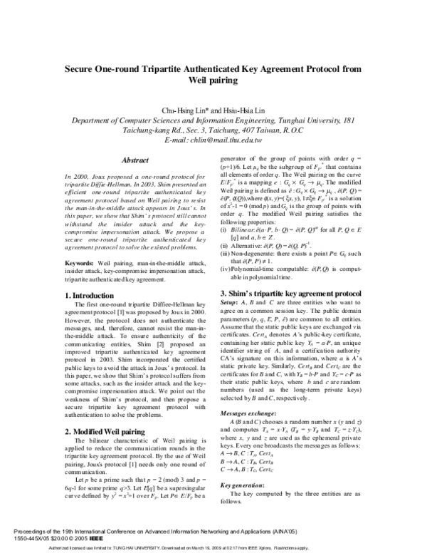 (PDF) Secure One-Round Tripartite Authenticated Key Agreement Protocol from Weil Pairing