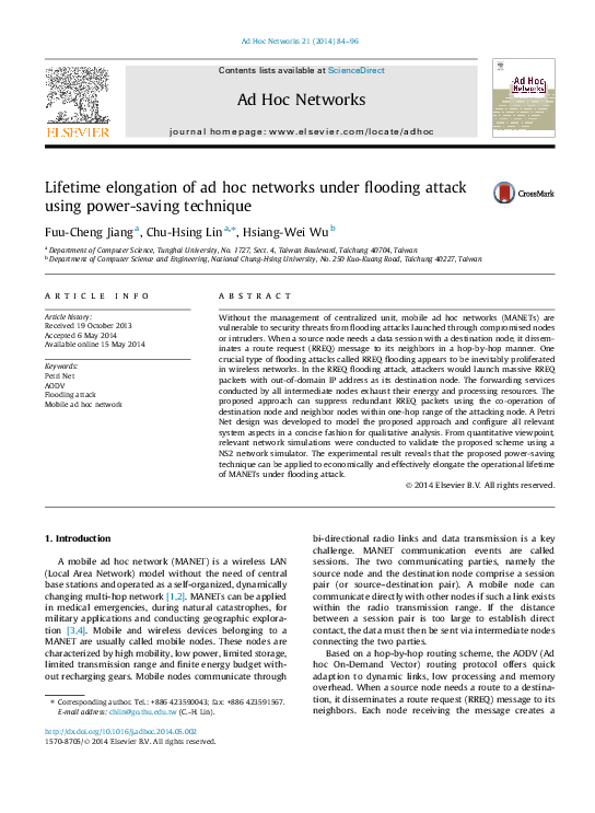(PDF) Lifetime elongation of ad hoc networks under flooding attack using power-saving technique