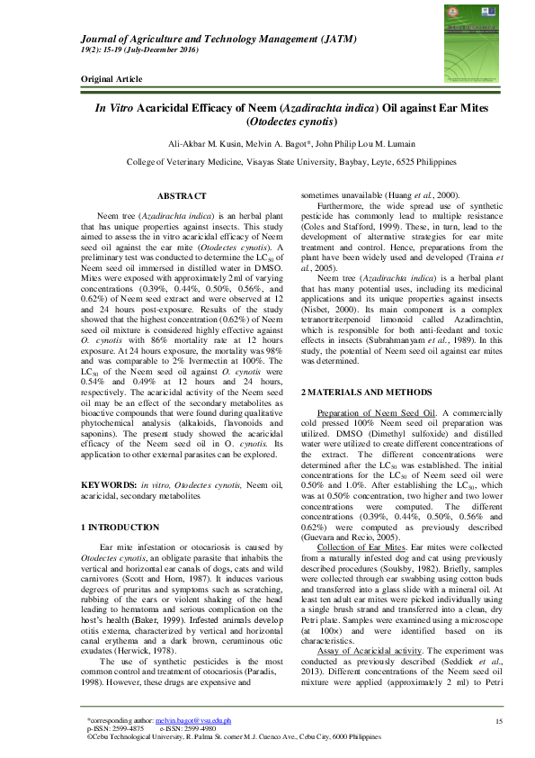 (PDF) In Vitro Acaricidal Efficacy of Neem (Azadirachta Indica) Oil ...