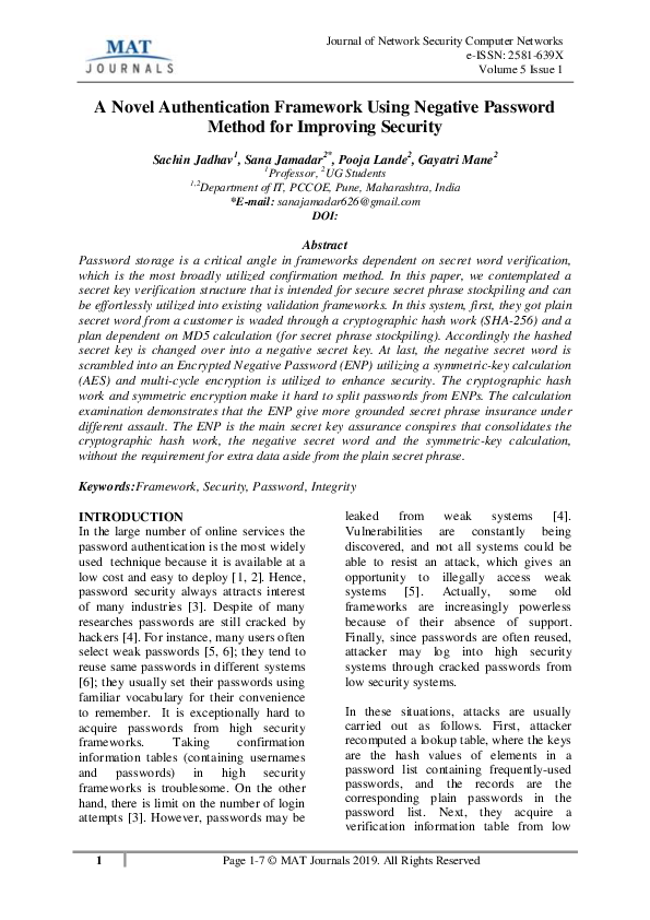 Pdf A Novel Authentication Framework Using Negative Password Method For Improving Security 