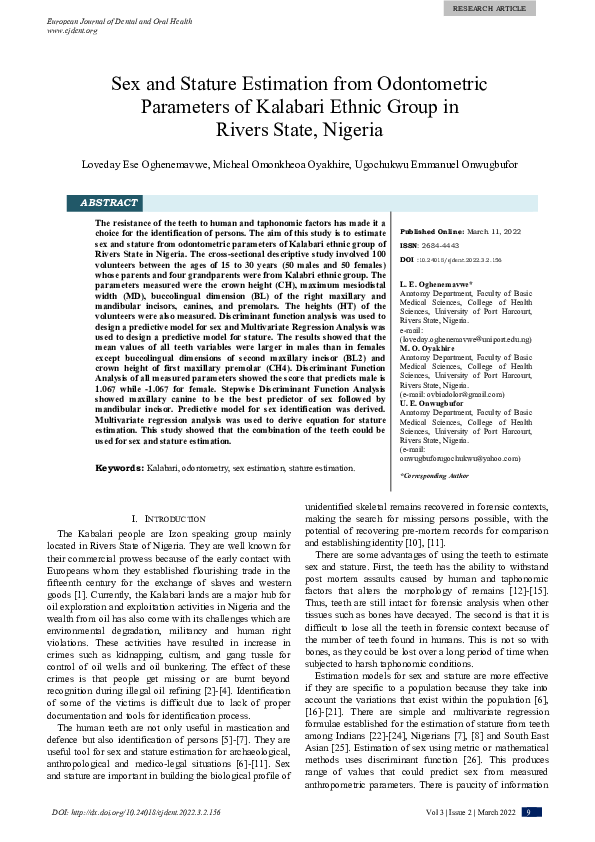 Pdf Sex And Stature Estimation From Odontometric Parameters Of