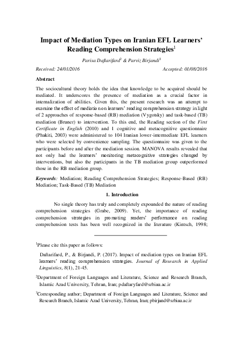 (PDF) Impact of Mediation Types on Iranian EFL Learners’ Reading Comprehension Strategies