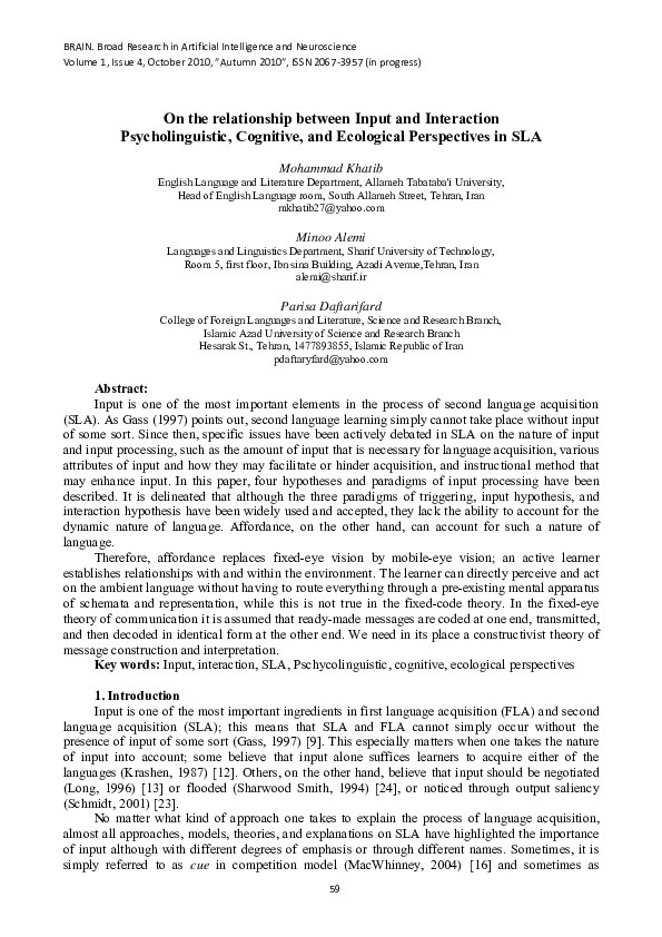 (PDF) On the relationship between Input and Interaction Psycholinguistic, Cognitive, and ...