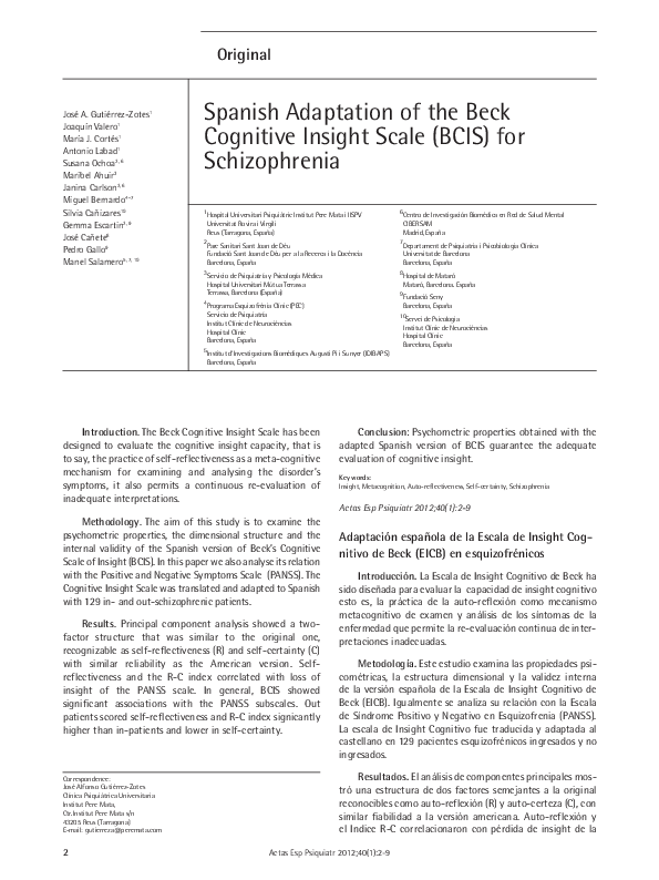 (PDF) Spanish adaptation of the Beck Cognitive Insight Scale (BCIS) for ...