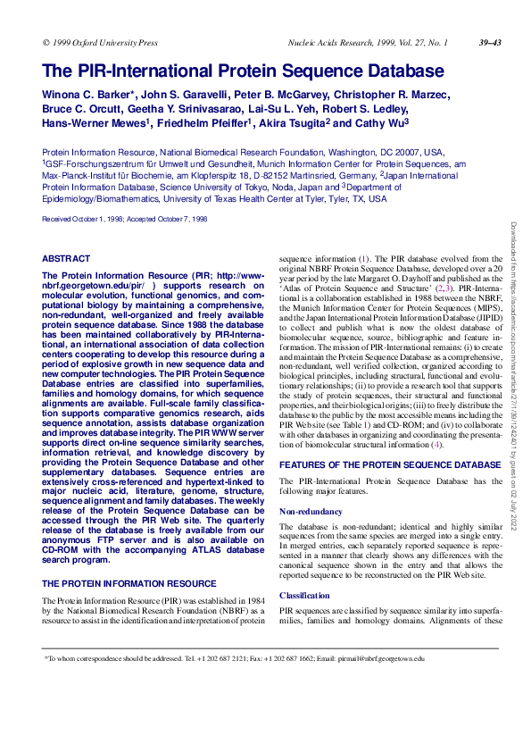 (PDF) The PIR-International Protein Sequence Database. Nucleic Acids Res