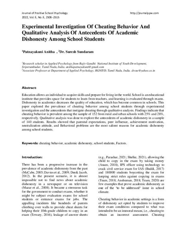 (PDF) Experimental Investigation Of Cheating Behavior And Qualitative ...