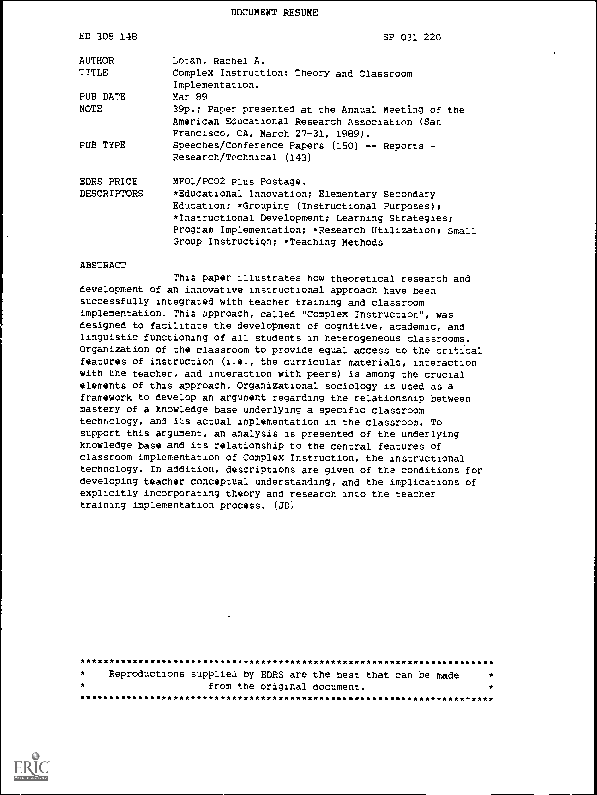 (PDF) Complex Instruction: Theory and Classroom Implementation