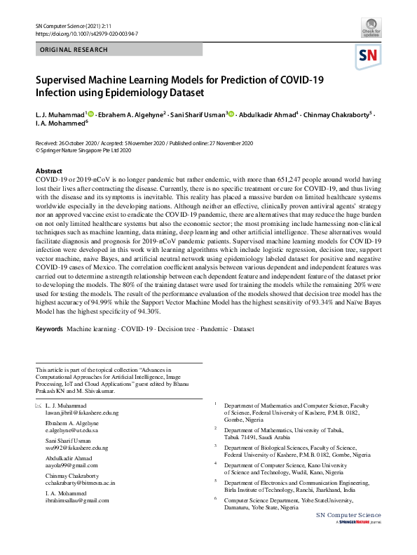 (PDF) Supervised Machine Learning Models for Prediction of COVID-19 ...