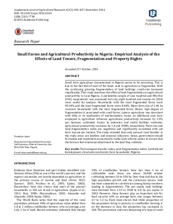 (PDF) Small farms and agricultural productivity in Nigeria: empirical ...