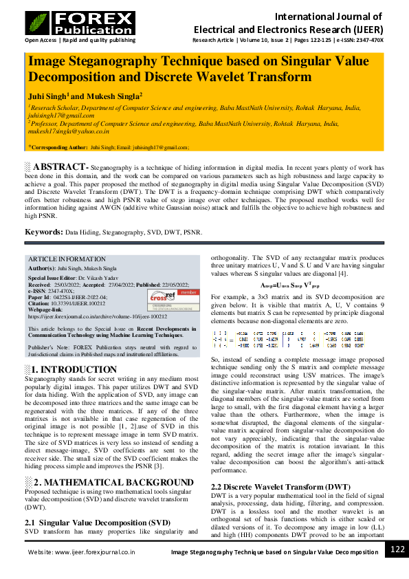 Pdf Image Steganography Technique Based On Singular Value Decomposition And Discrete Wavelet 