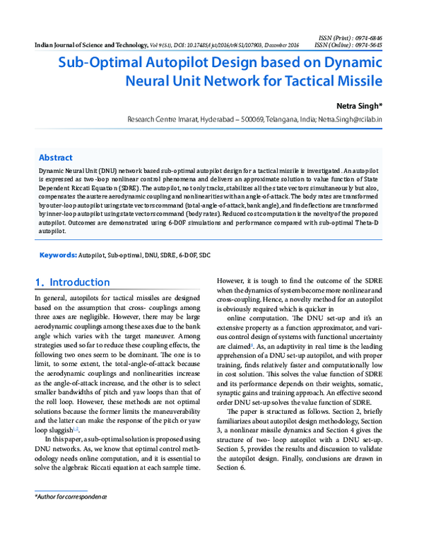 (PDF) Sub-optimal Autopilot Design based on Dynamic Neural Unit Network for Tactical Missile