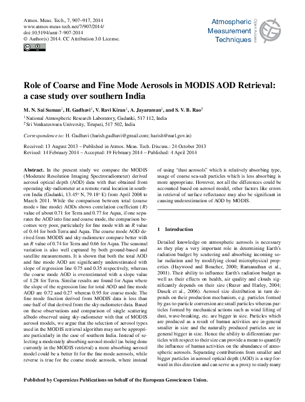 (PDF) Role of coarse and fine mode aerosols in MODIS AOD retrieval: a ...