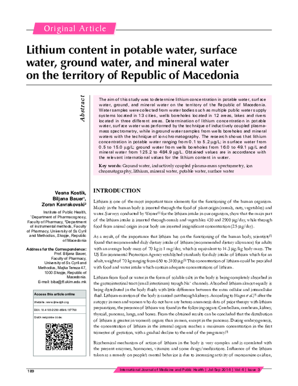 (PDF) Lithium content in potable water, surface water, ground water, and mineral water on the ...