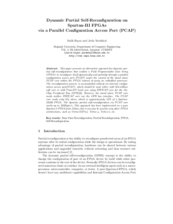 (PDF) Dynamic partial self-reconfiguration on spartan-III FPGAs via a parallel configuration ...