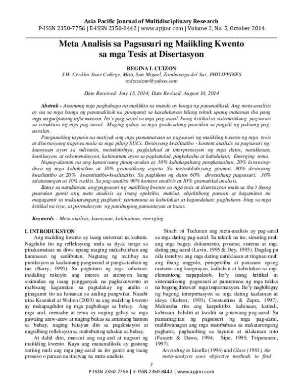 (PDF) Meta Analisis sa Pagsusuri ng Maiikling Kwento sa mga Tesis at ...