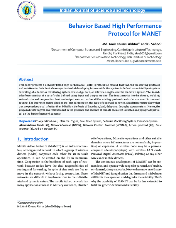 Pdf Behavior Based High Performance Protocol For Manet Drmdamir Khusru Akhtar