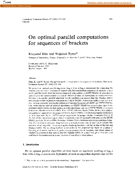 Pdf On Optimal Parallel Computations For Sequences Of Brackets