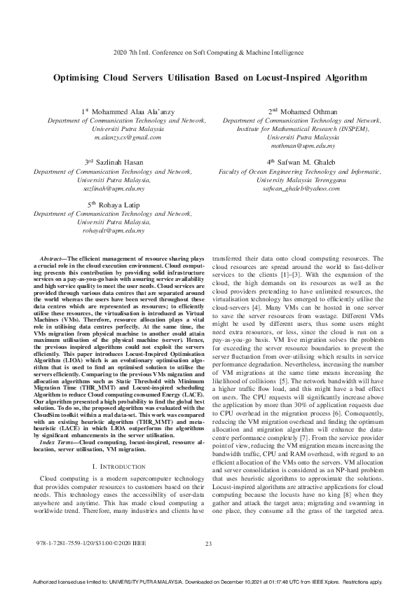 (PDF) Optimising Cloud Servers Utilisation Based on Locust-Inspired Algorithm | Dr. Mohammed A L ...