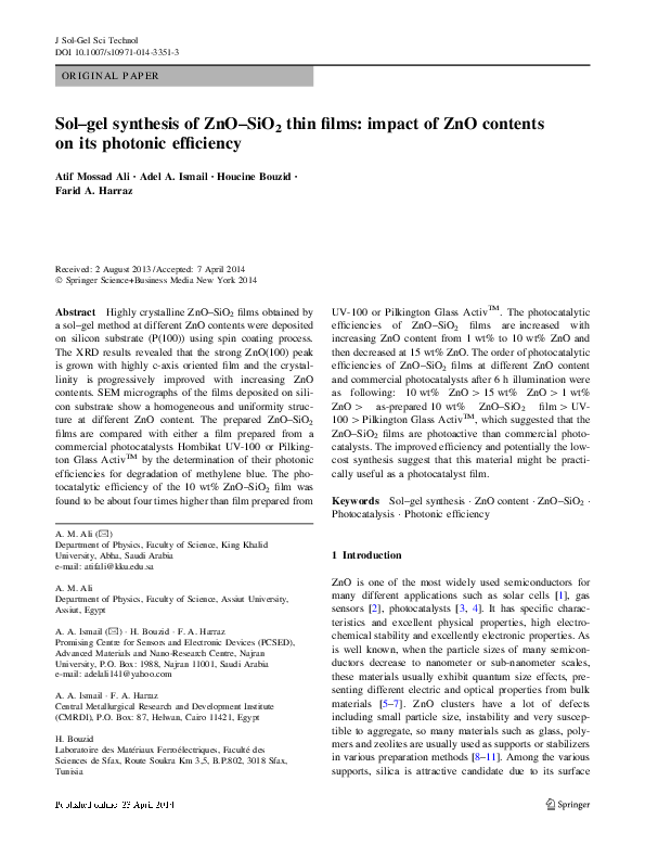 (PDF) Sol–gel synthesis of ZnO–SiO2 thin films: impact of ZnO contents on its photonic ...