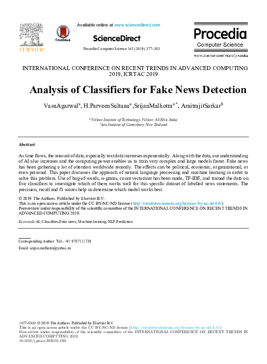 (PDF) Analysis of Classifiers for Fake News Detection