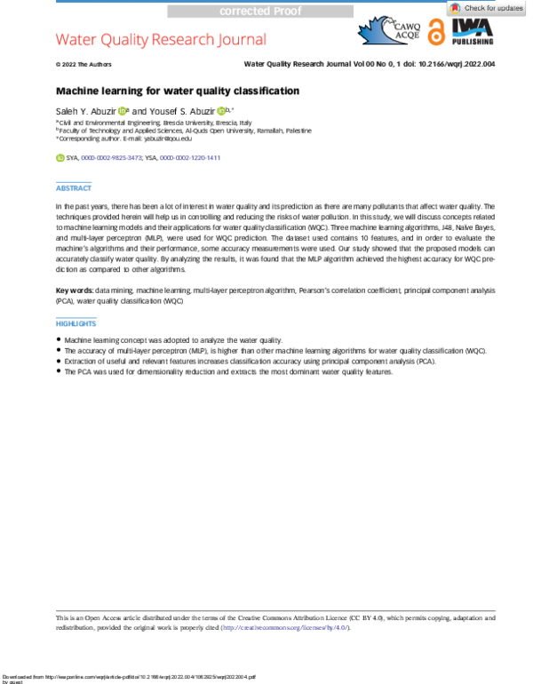 (PDF) Machine learning for water quality classification