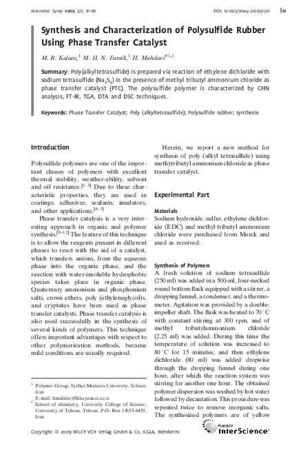 (PDF) Synthesis and Characterization of Polysulfide Rubber Using Phase Transfer Catalyst