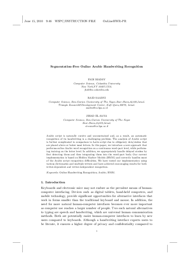 Pdf Segmentation Free Online Arabic Handwriting Recognition