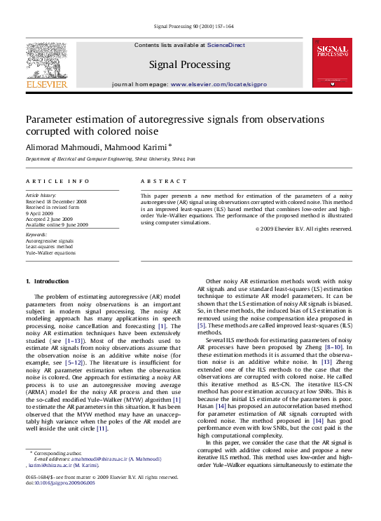 (PDF) Parameter estimation of autoregressive signals from observations corrupted with colored noise