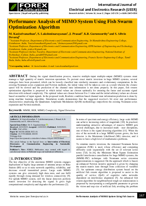 (PDF) Performance Analysis of MIMO System Using Fish Swarm Optimization Algorithm