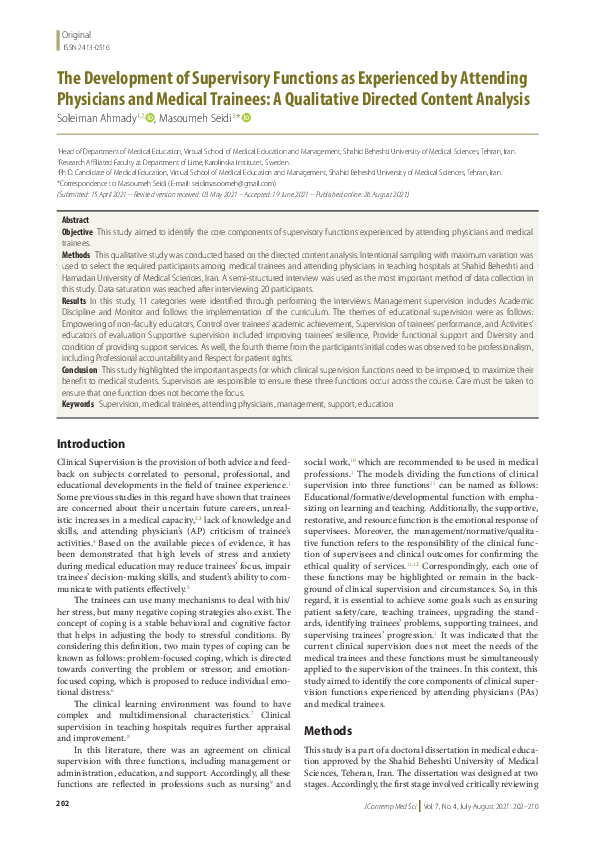 (PDF) The Development of Supervisory Functions as Experienced by Attending Physicians and ...