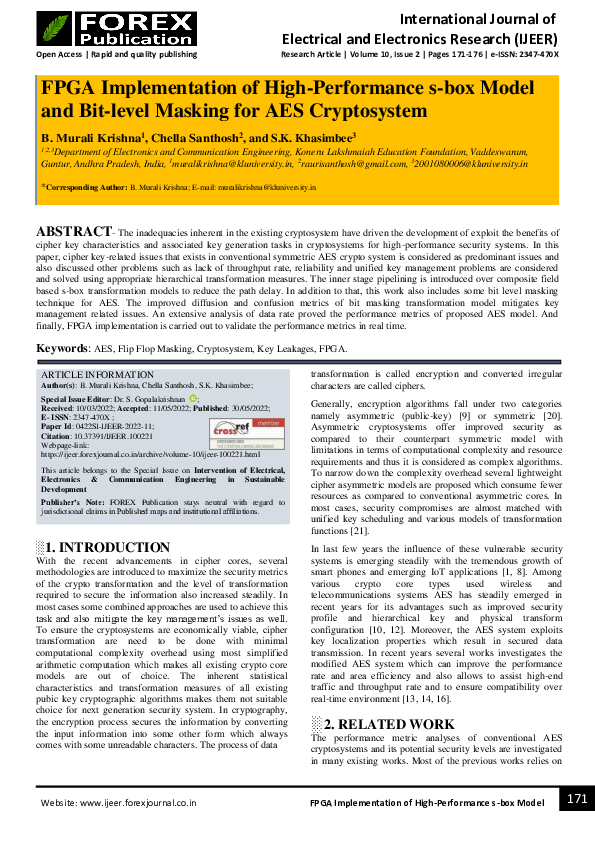 Pdf Fpga Implementation Of High Performance S Box Model And Bit Level Masking For Aes 
