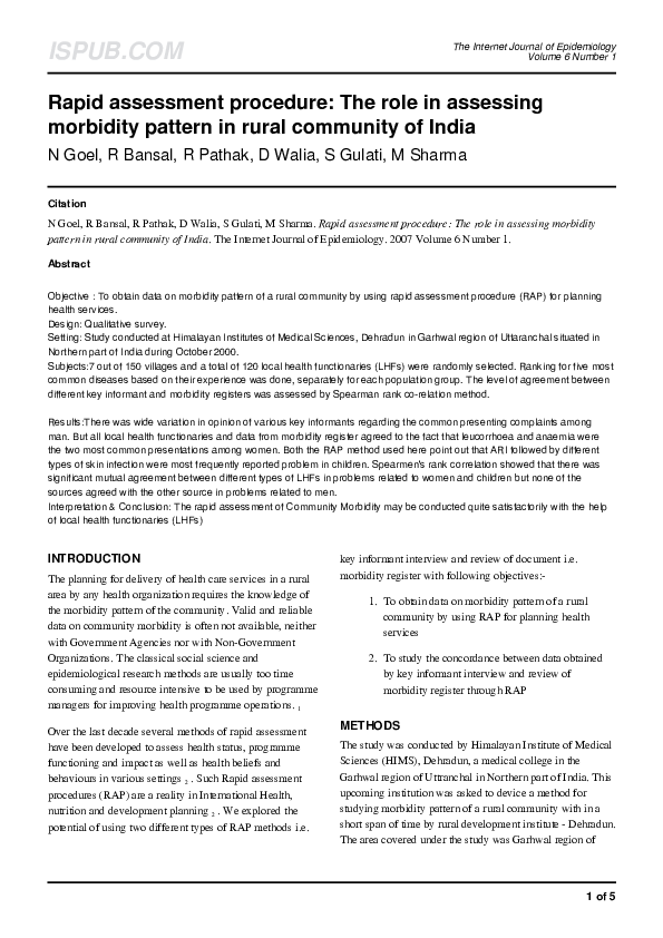 (PDF) Rapid assessment procedure: The role in assessing morbidity ...
