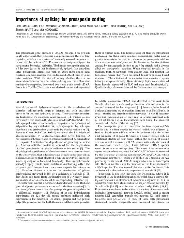 (PDF) Importance of splicing for prosaposin sorting