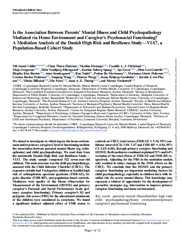 (PDF) Is the association between parents’ mental illness and child psychopathology mediated via ...