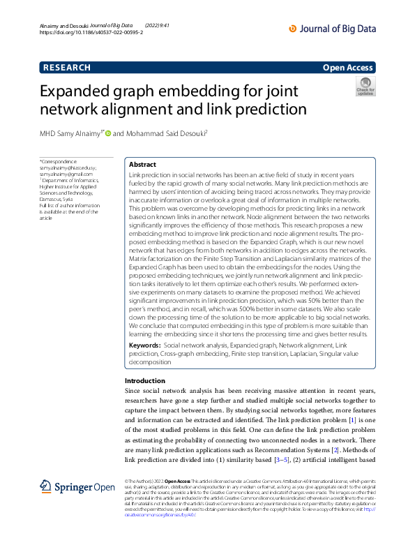 Pdf Expanded Graph Embedding For Joint Network Alignment And Link