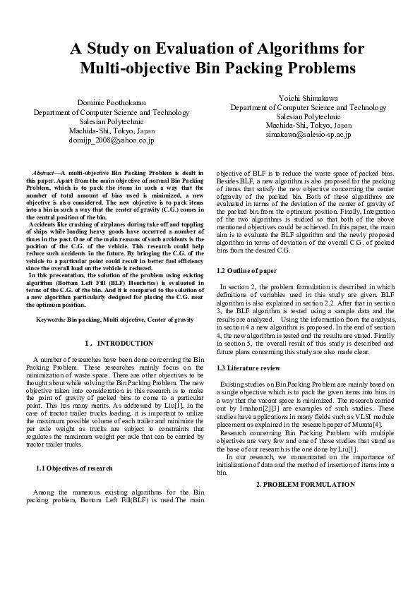 (PDF) A study on evaluation of algorithms for multi-objective Bin Packing Problems