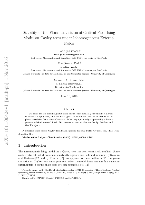 (PDF) Stability of the phase transition of critical-field Ising model on Cayley trees under ...