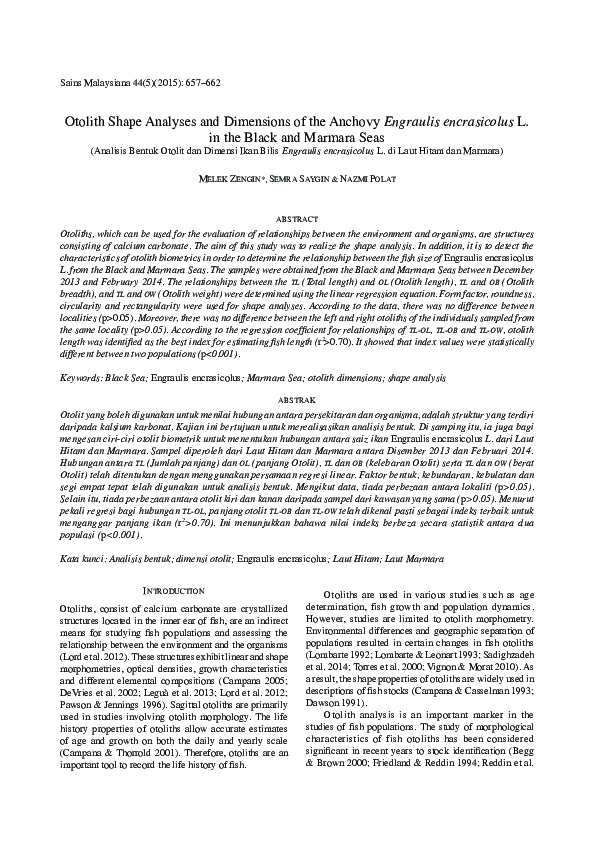 (PDF) Otolith Shape Analyses and Dimensions of the Anchovy Engraulis encrasicolus L. in the ...