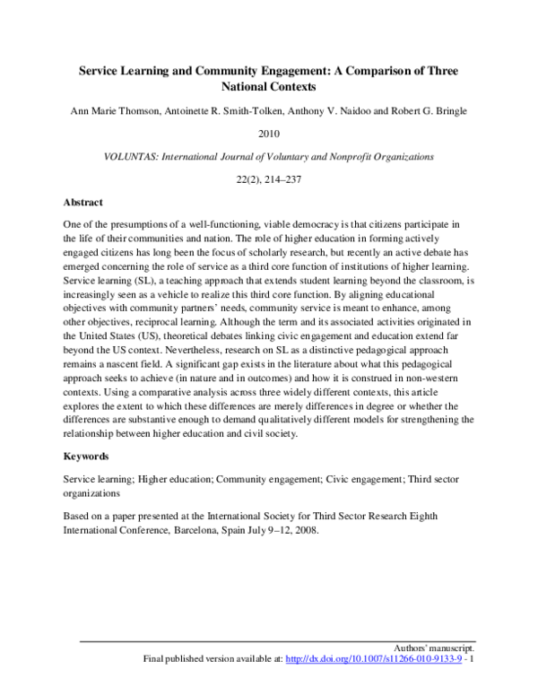 (PDF) Service Learning and Community Engagement: A Comparison of Three ...