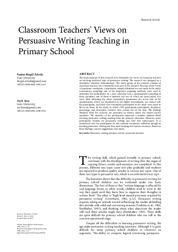 (PDF) Classroom Teachers' Views on Persuasive Writing Teaching in ...