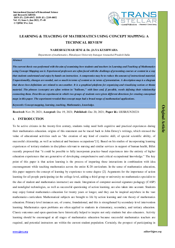 (PDF) LEARNING & TEACHING OF MATHEMATICS USING CONCEPT MAPPING: A ...