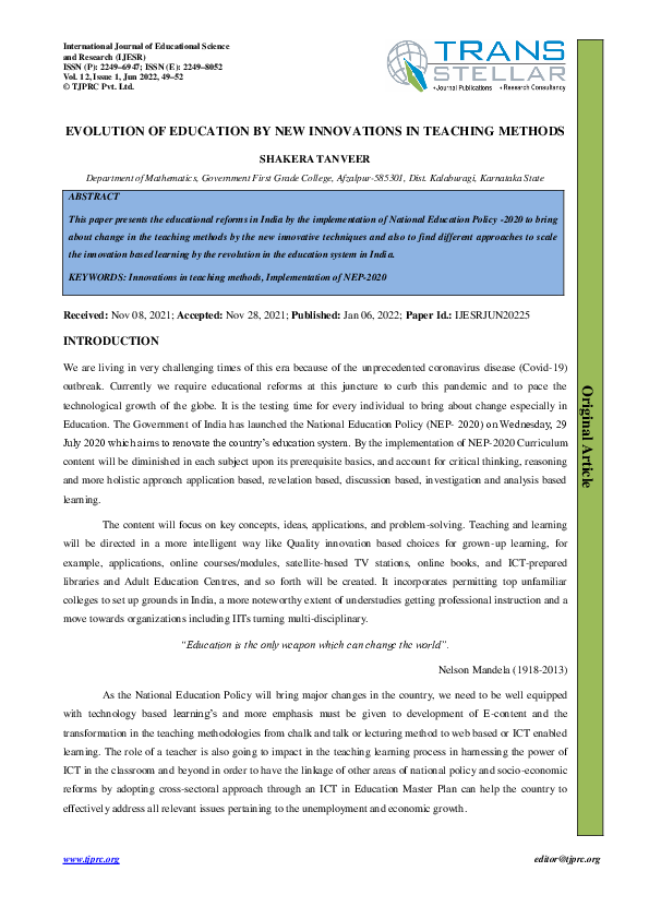(PDF) EVOLUTION OF EDUCATION BY NEW INNOVATIONS IN TEACHING METHODS