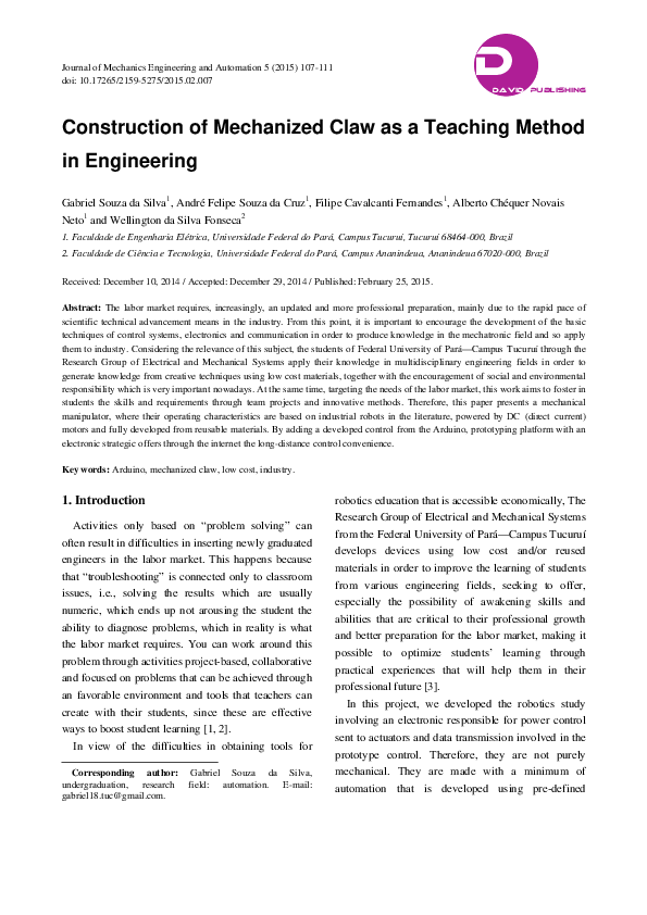 (PDF) Construction of Mechanized Claw as a Teaching Method in Engineering
