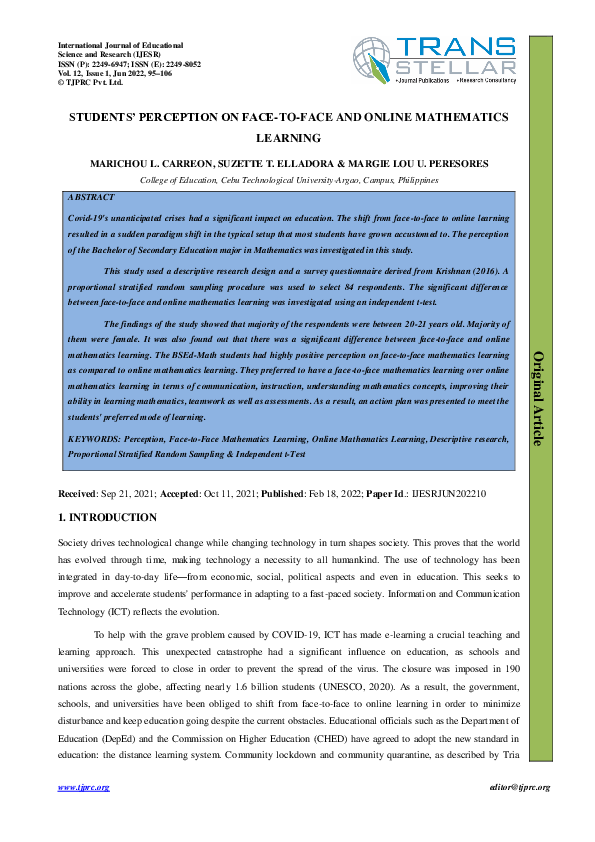 (PDF) STUDENTS' PERCEPTION ON FACE-TO-FACE AND ONLINE MATHEMATICS LEARNING