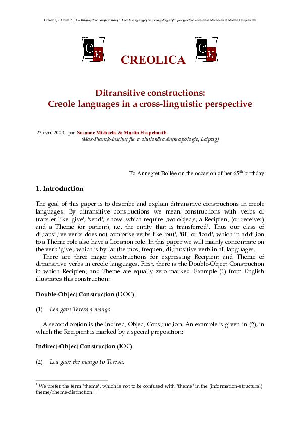 (PDF) Ditransitive Constructions: Creole Languages In A Cross ...