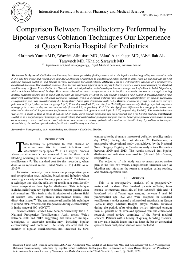 (PDF) Comparison Between Tonsillectomy Performed by Bipolar versus ...