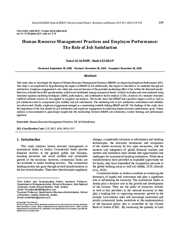 (PDF) Human Resource Management Practices and Employee Performance: The Role of Job Satisfaction