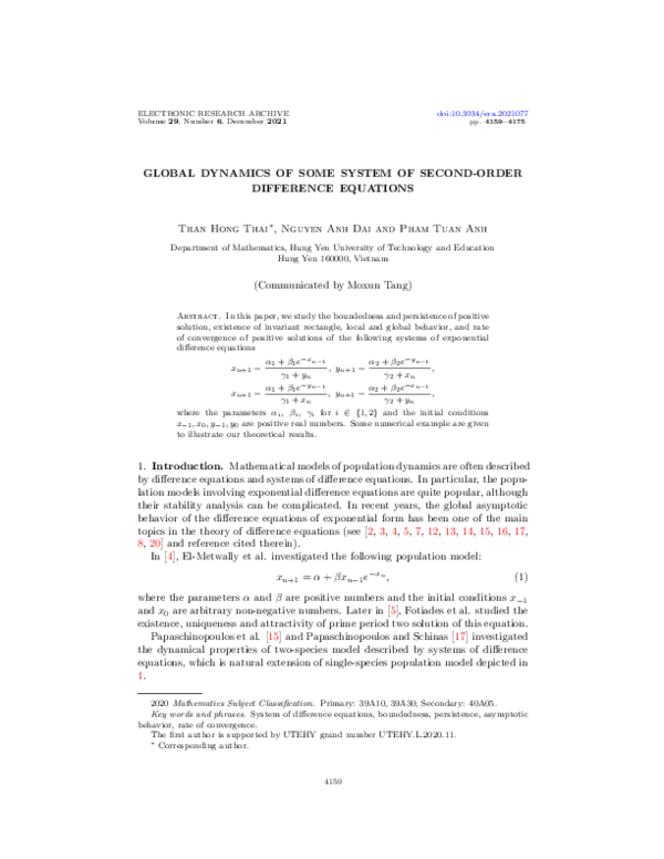 Pdf Global Dynamics Of Some System Of Second Order Difference Equations