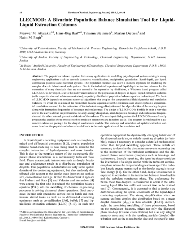 (PDF) LLECMOD: A Bivariate Population Balance Simulation Tool for Liquid- Liquid Extraction ...